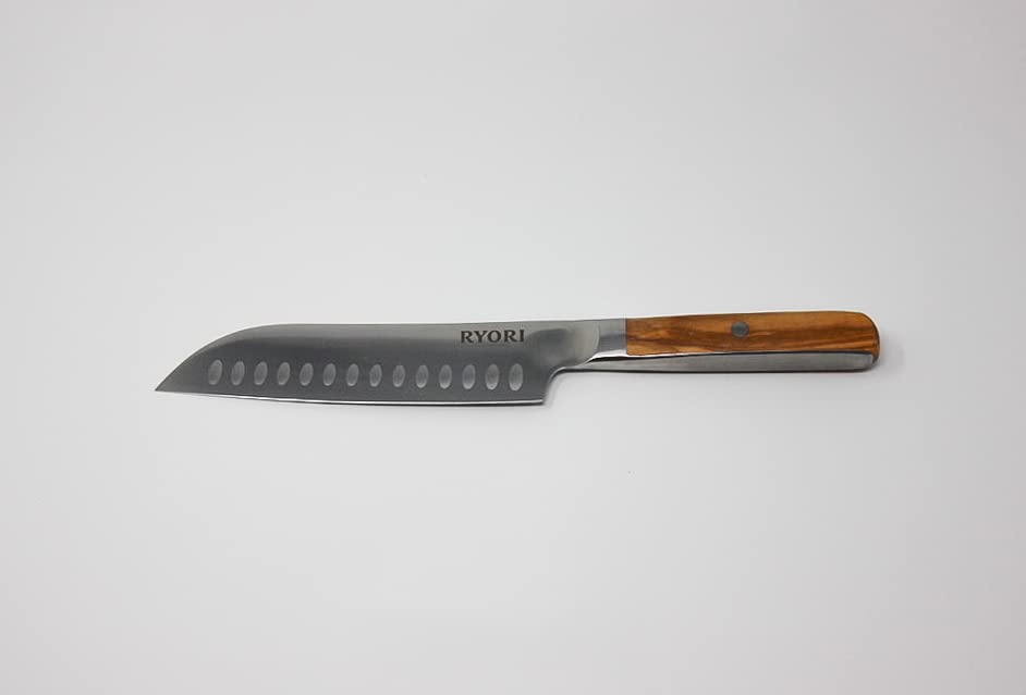 Ryori 7 inch Sharp Santoku Knife | German High Carbon Stainless Steel Blade Kitchen Knife | Ergonomic Olive Wood Handle Chopping Knife for Home or Professional Use