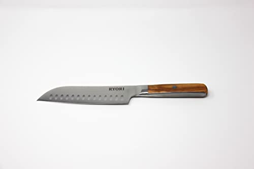 Ryori 7 inch Sharp Santoku Knife | German High Carbon Stainless Steel Blade Kitchen Knife | Ergonomic Olive Wood Handle Chopping Knife for Home or Professional Use