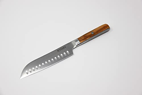 Ryori 7 inch Sharp Santoku Knife | German High Carbon Stainless Steel Blade Kitchen Knife | Ergonomic Olive Wood Handle Chopping Knife for Home or Professional Use