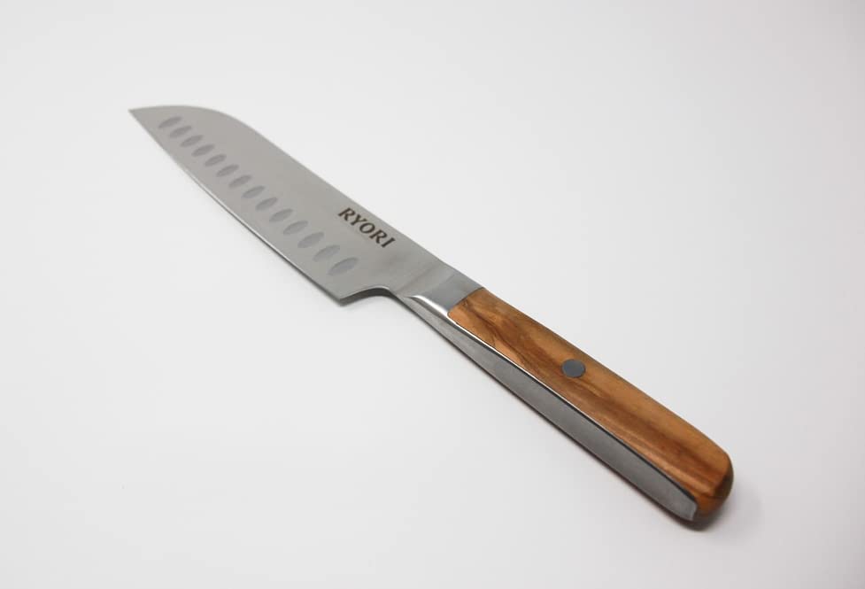 Ryori 7 inch Sharp Santoku Knife | German High Carbon Stainless Steel Blade Kitchen Knife | Ergonomic Olive Wood Handle Chopping Knife for Home or Professional Use