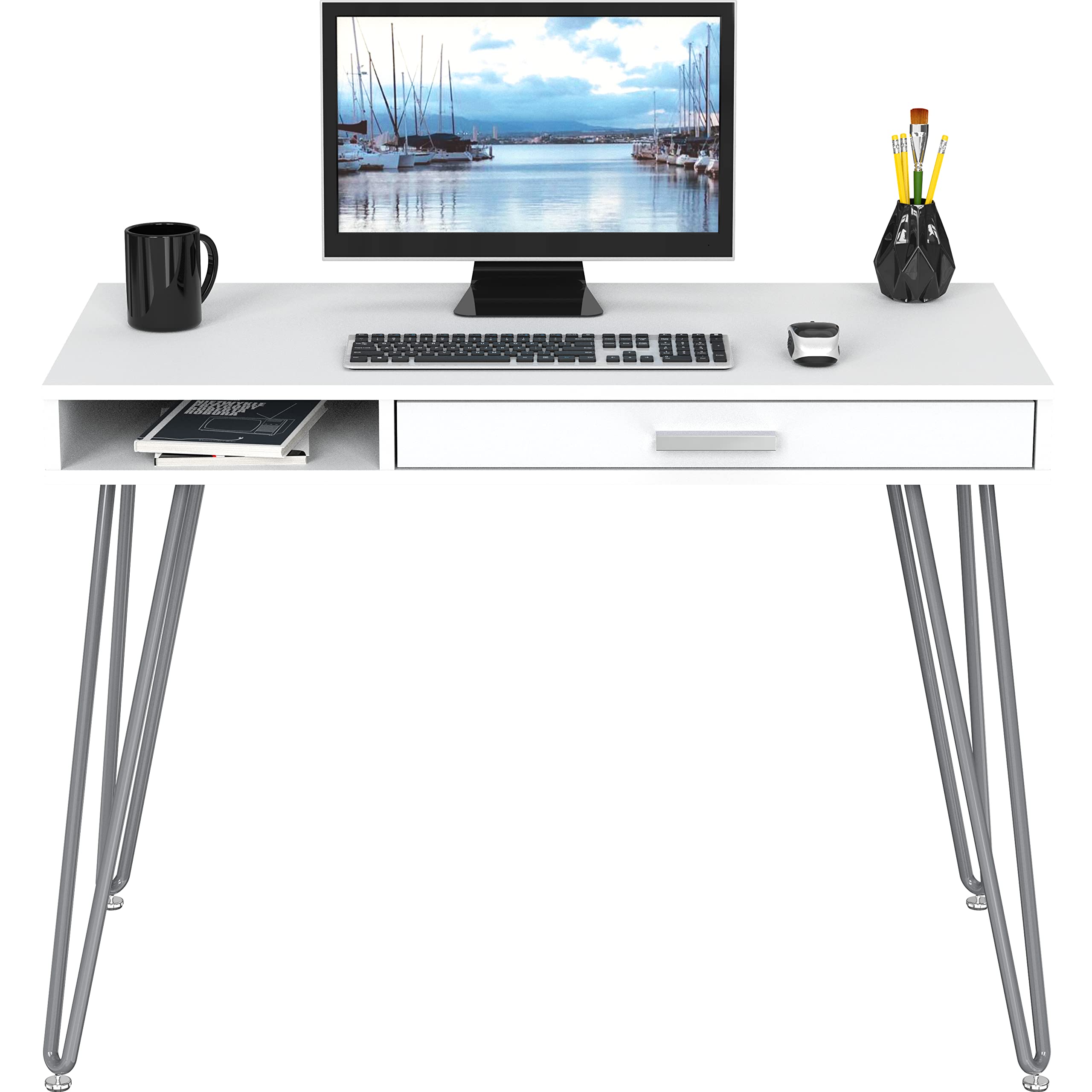 SHW Home Office Computer Hairpin Leg Desk with Drawer, White