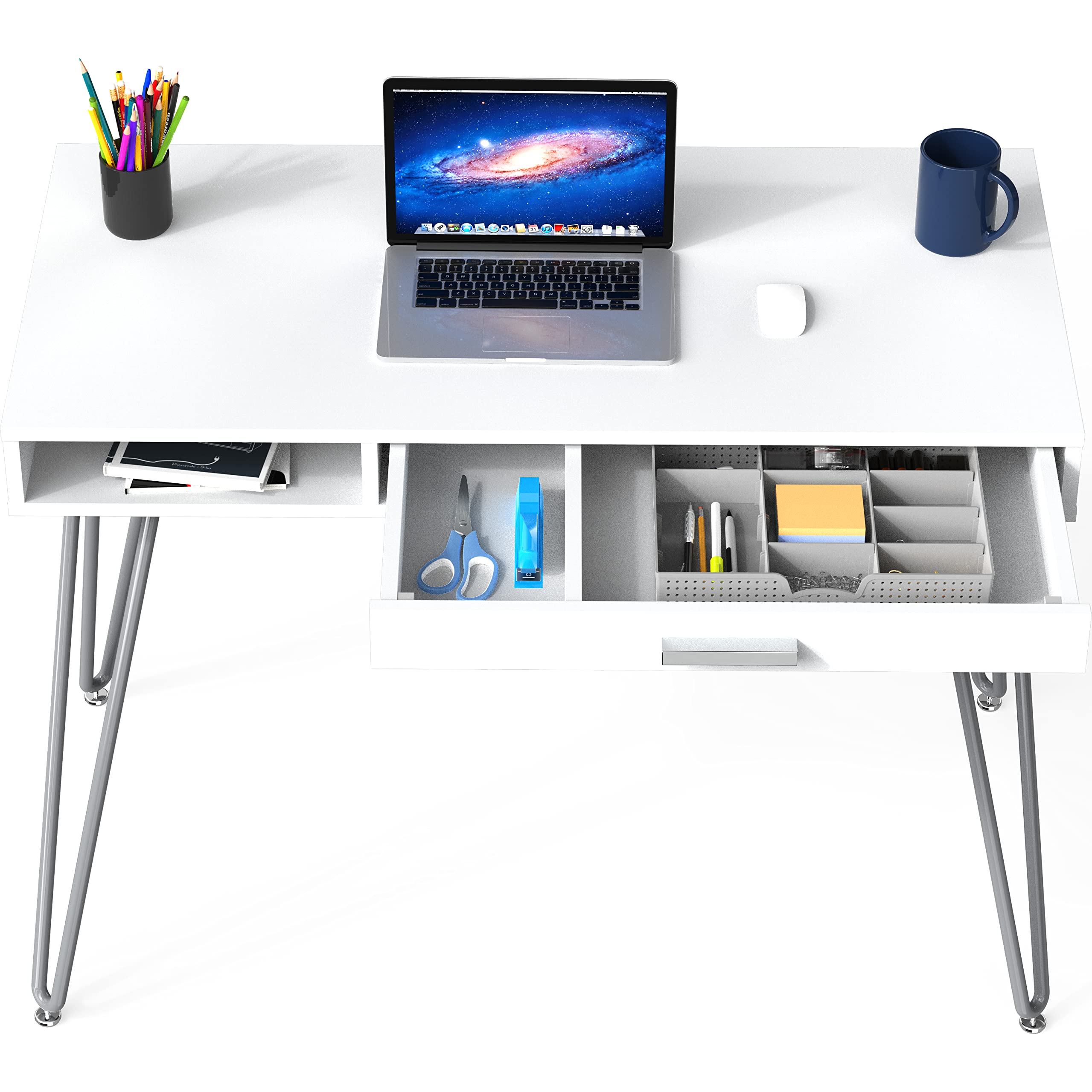 SHW Home Office Computer Hairpin Leg Desk with Drawer, White