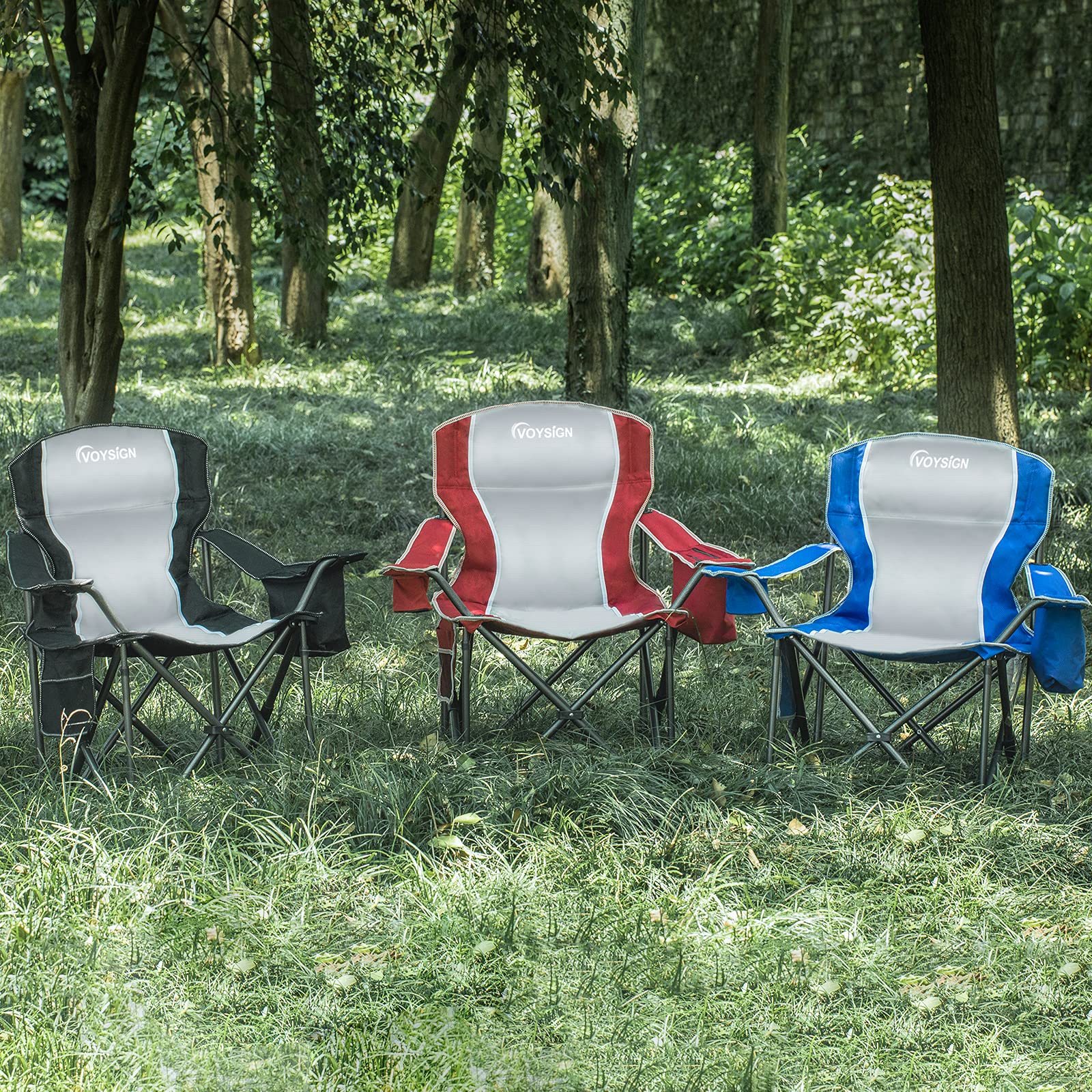 VOYSIGN Padded Camping Chairs for Adults, Oversized Folding Outdoor Chairs, Weight Capacity 475lbs, with Cooler Bag, Cup Holder, Storage Pocket, Carry Bag