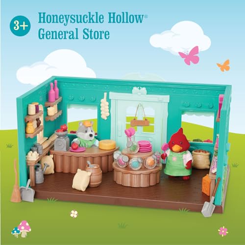 Li'l Woodzeez – General Store Dollhouse Playset 72Pcs – 2 Posable Doll Figures & 1 Storybook Included – Miniature Furnitures & Accessories – Stackable Playset for Kids 3+