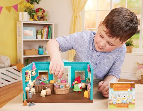 Li'l Woodzeez – General Store Dollhouse Playset 72Pcs – 2 Posable Doll Figures & 1 Storybook Included – Miniature Furnitures & Accessories – Stackable Playset for Kids 3+