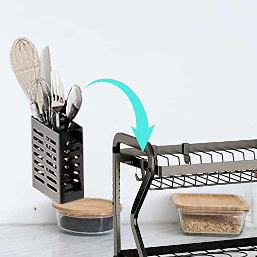LIMORUNS Dishracks On Counter with Drainboard 2 Tier Set of Dish Drying Rack with Drainboard Utensils & Cutting Board Holder, Rustproof Large Black Dish Holders for Kitchen Counter