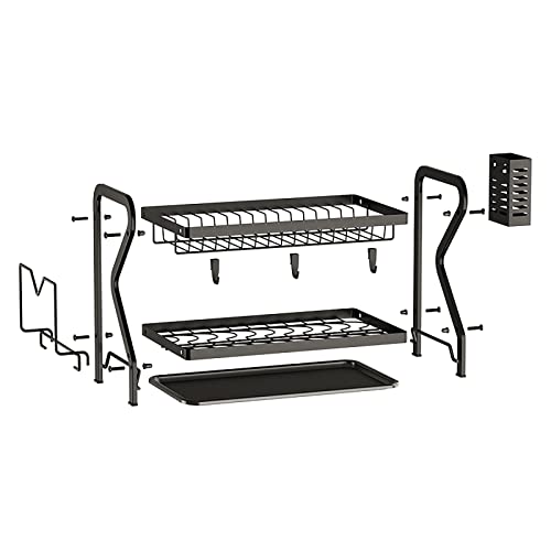 LIMORUNS Dishracks On Counter with Drainboard 2 Tier Set of Dish Drying Rack with Drainboard Utensils & Cutting Board Holder, Rustproof Large Black Dish Holders for Kitchen Counter