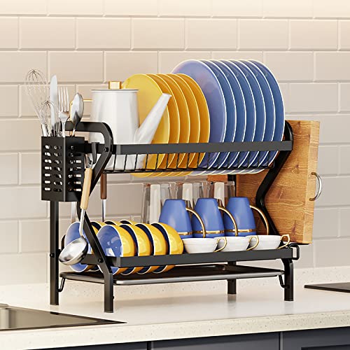 LIMORUNS Dishracks On Counter with Drainboard 2 Tier Set of Dish Drying Rack with Drainboard Utensils & Cutting Board Holder, Rustproof Large Black Dish Holders for Kitchen Counter