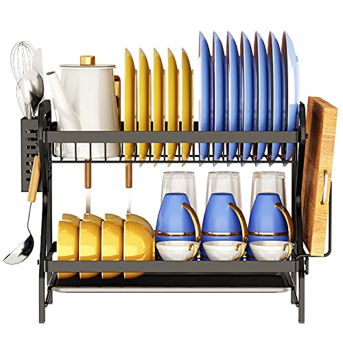 LIMORUNS Dishracks On Counter with Drainboard 2 Tier Set of Dish Drying Rack with Drainboard Utensils & Cutting Board Holder, Rustproof Large Black Dish Holders for Kitchen Counter