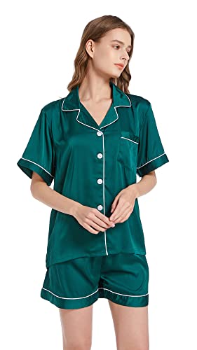 Mergorte Womens Silk Satin Short Sleeve Button-Down Sleepwear Loungewear Pajamas Set DarkGreen M
