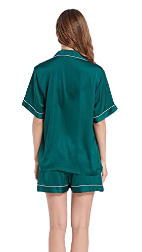 Mergorte Womens Silk Satin Short Sleeve Button-Down Sleepwear Loungewear Pajamas Set DarkGreen M