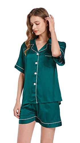 Mergorte Womens Silk Satin Short Sleeve Button-Down Sleepwear Loungewear Pajamas Set DarkGreen M