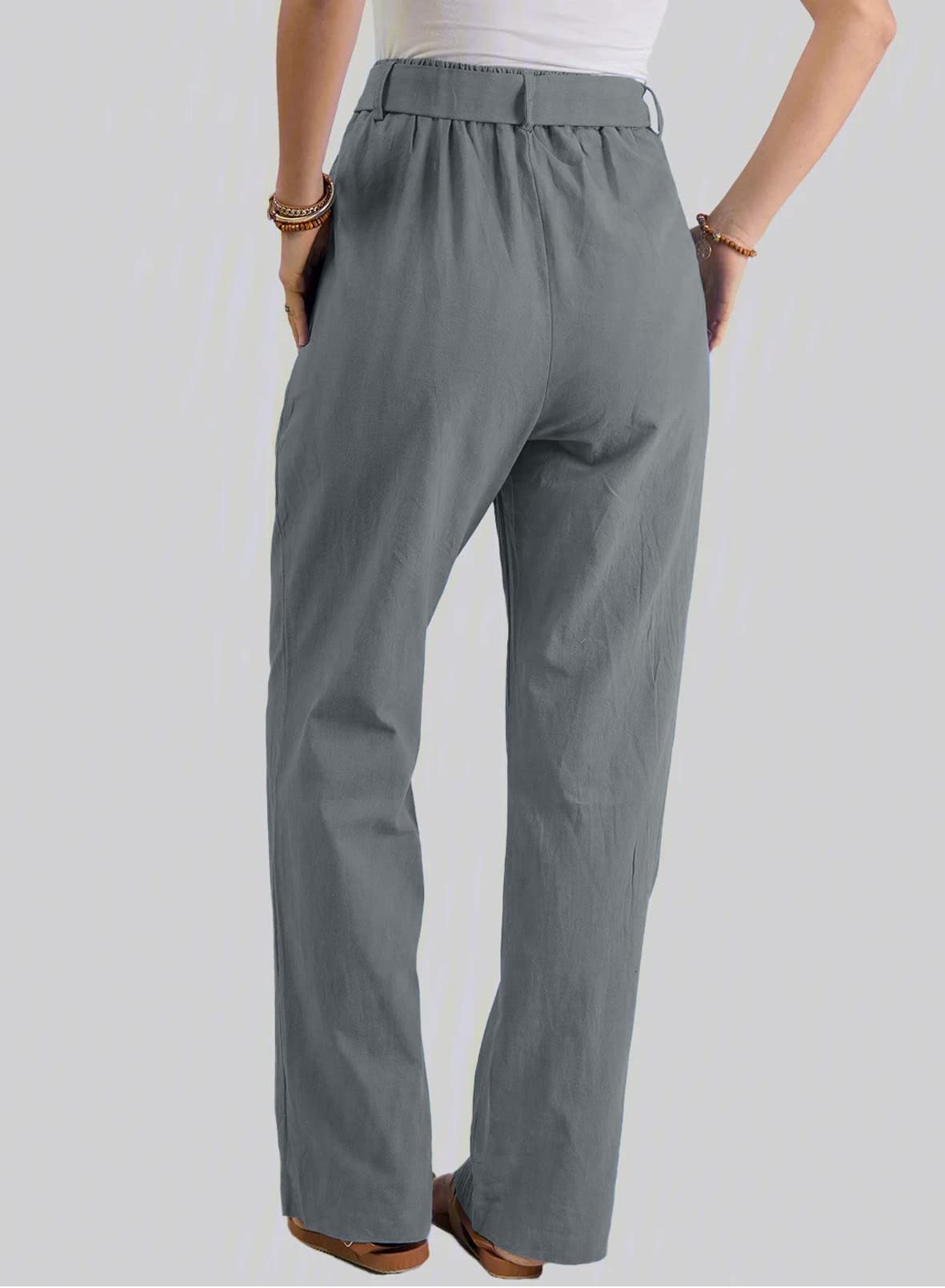 EVALESS Casual High Waisted Straight Leg Linen Palazzo Pants for Women Casual Solid Color Tie Comfy Trousers with Pockets Grey Large