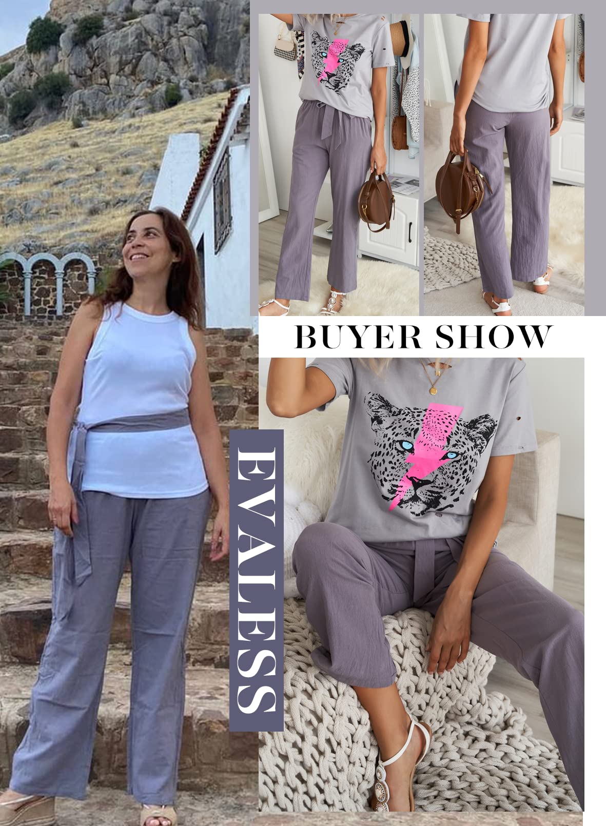 EVALESS Casual High Waisted Straight Leg Linen Palazzo Pants for Women Casual Solid Color Tie Comfy Trousers with Pockets Grey Large