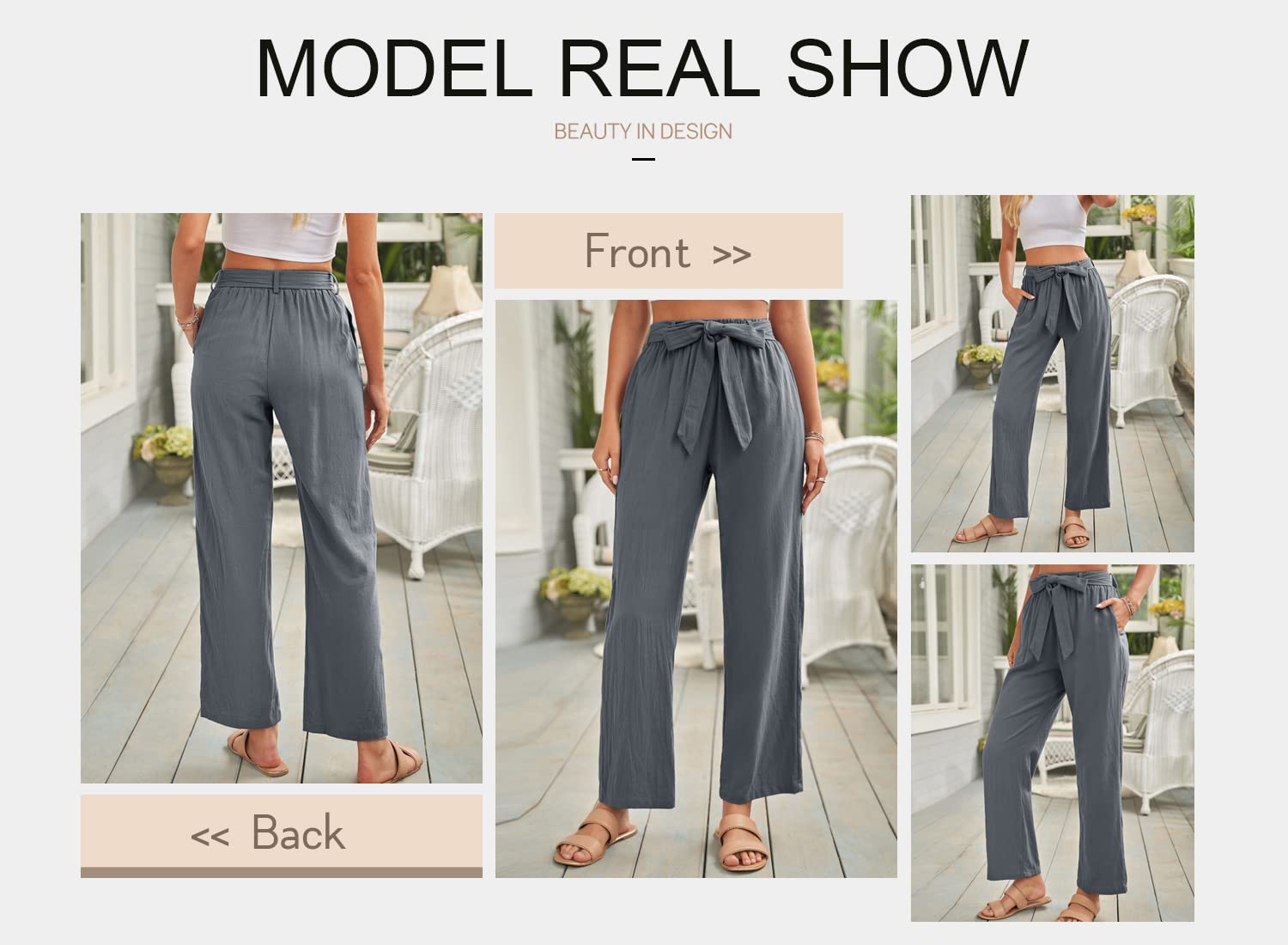 EVALESS Casual High Waisted Straight Leg Linen Palazzo Pants for Women Casual Solid Color Tie Comfy Trousers with Pockets Grey Large