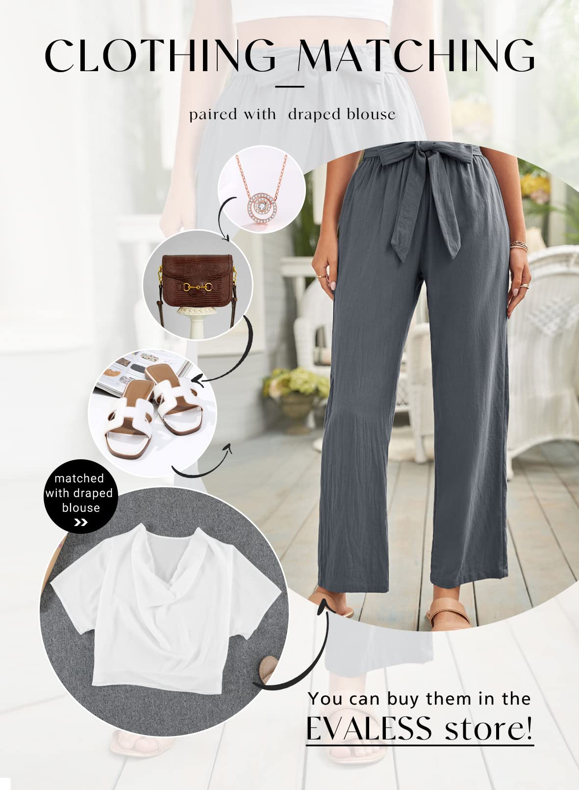 EVALESS Casual High Waisted Straight Leg Linen Palazzo Pants for Women Casual Solid Color Tie Comfy Trousers with Pockets Grey Large