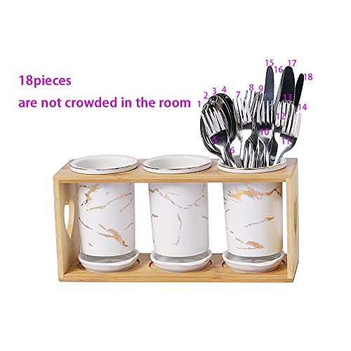 LUODI Golden Marbling Set of 3 with Wooden,Silverware Caddy Holder for Spoons Knives and Forks,Kitchen Utensil Flatware Organizer (White)