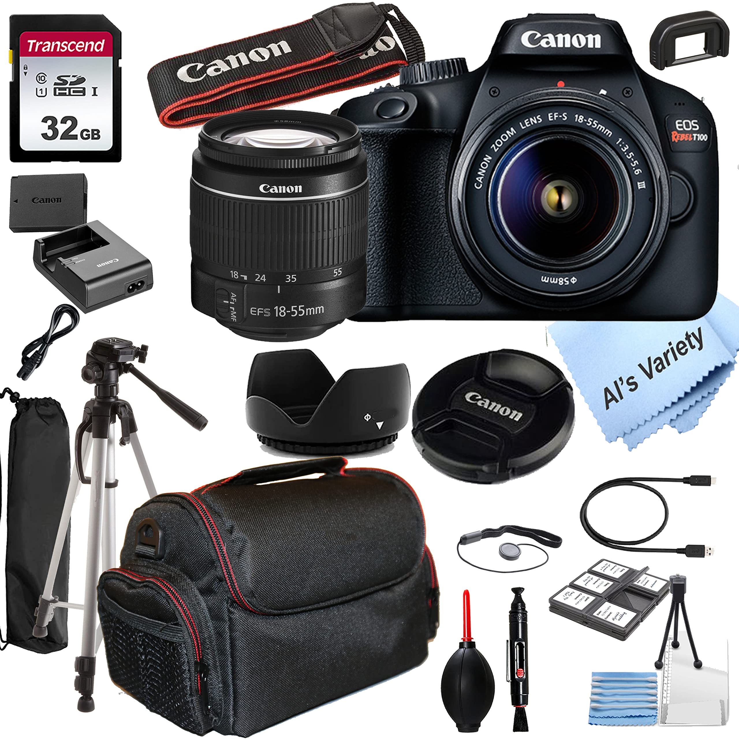 Canon EOS Rebel T100 DSLR Camera w/EF-S 18-55mm F/3.5-5.6 Zoom Lens + 32GB Memory + Case + Tripod + Filters (20pc Bundle)