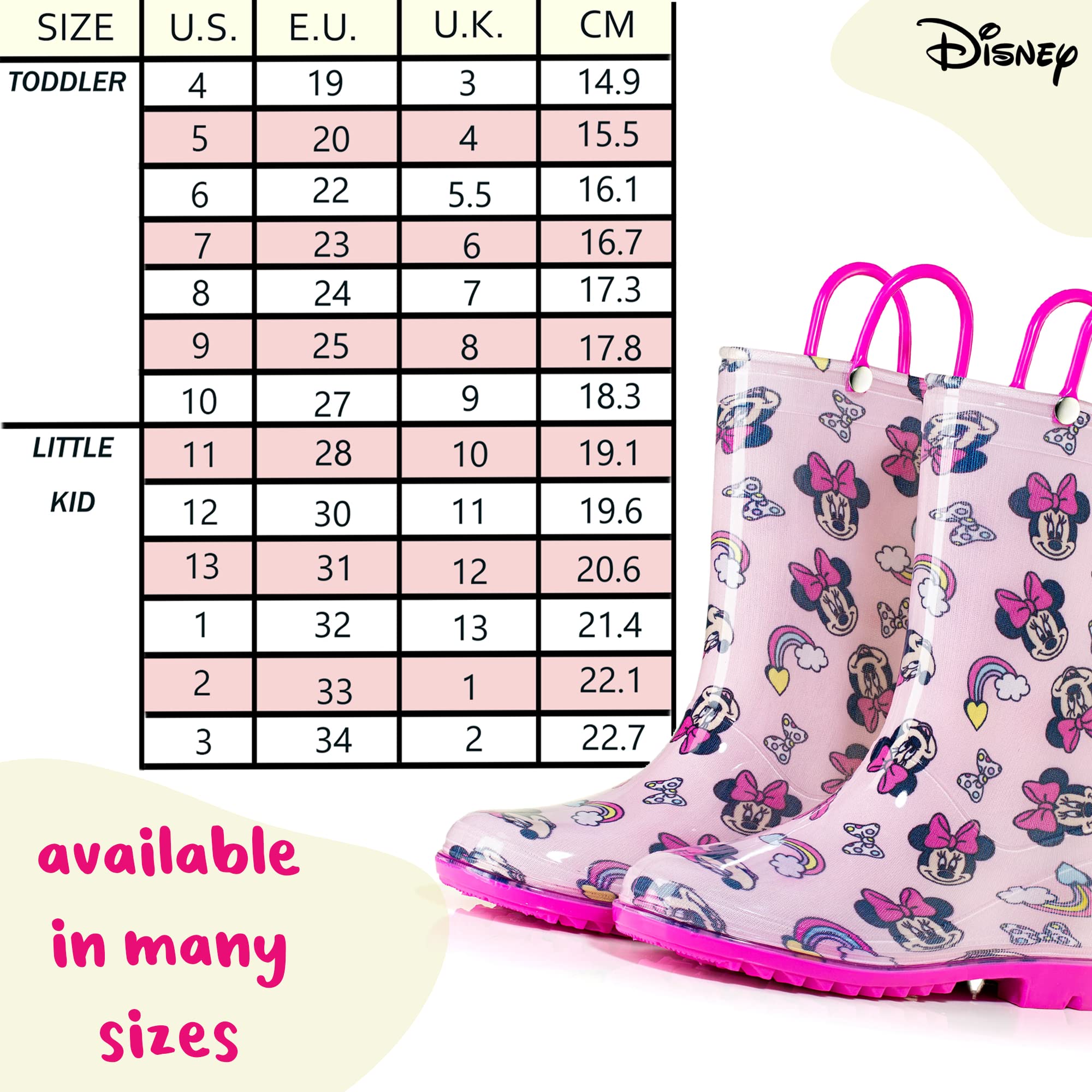 Disney Minnie Mouse Girls Pink PVC Rainboots - Easy-On Handle - Size 9 Toddler
