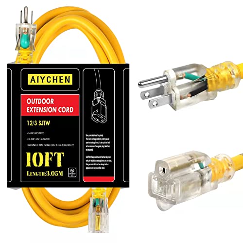 10 Feet Outdoor Extension Cord - 12/3 Gauge SJTW 3 Prong Cable Grounded Plug Heavy Duty UL Listed Weather Resistant 15 AMP 125 Volts Yellow for Garden Lawn (1 Pack)