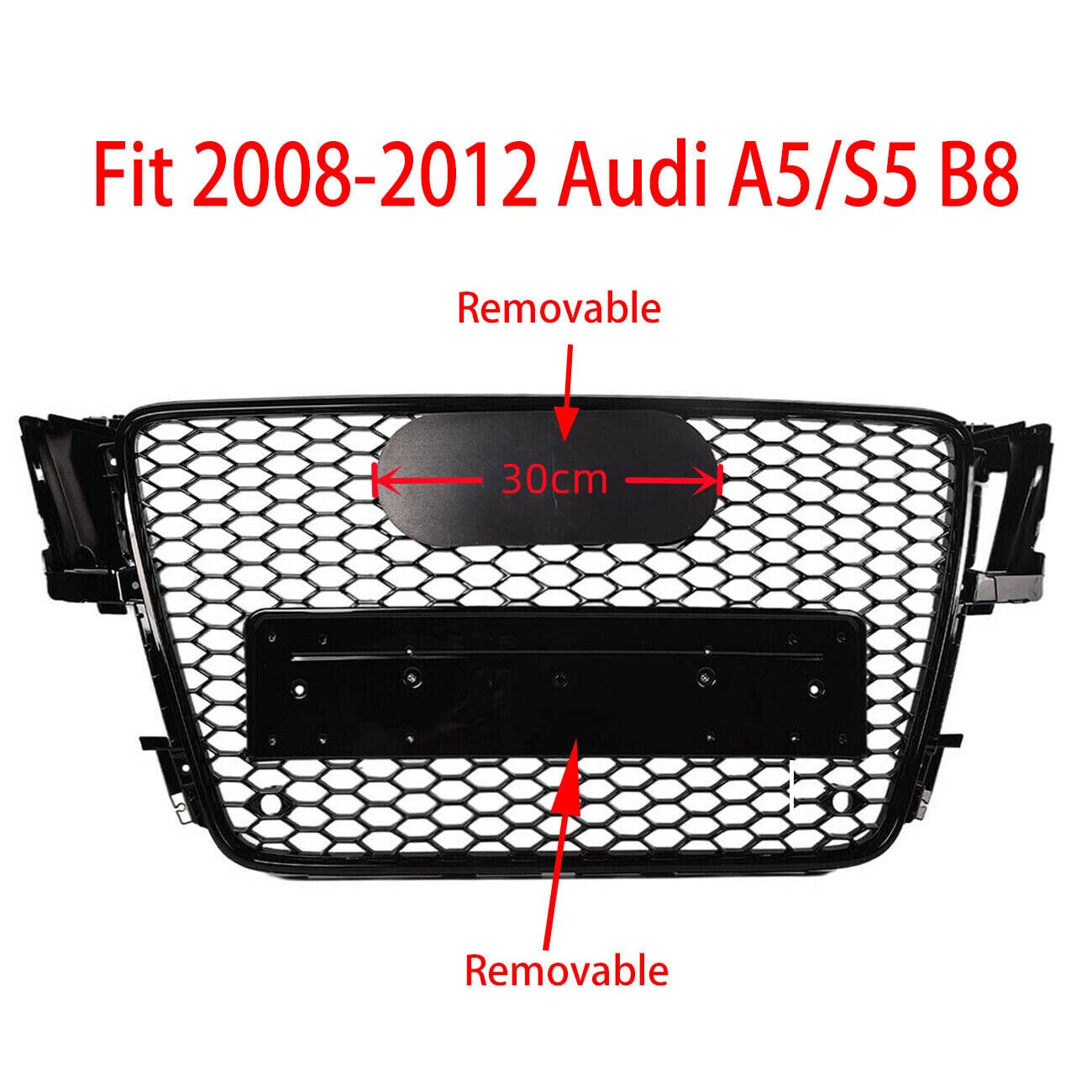TOPAZ Front Mesh RS5 Style Bumper Hood Hex Grille Black Compatible with 2008-2012 Audi A5/S5 B8 8T