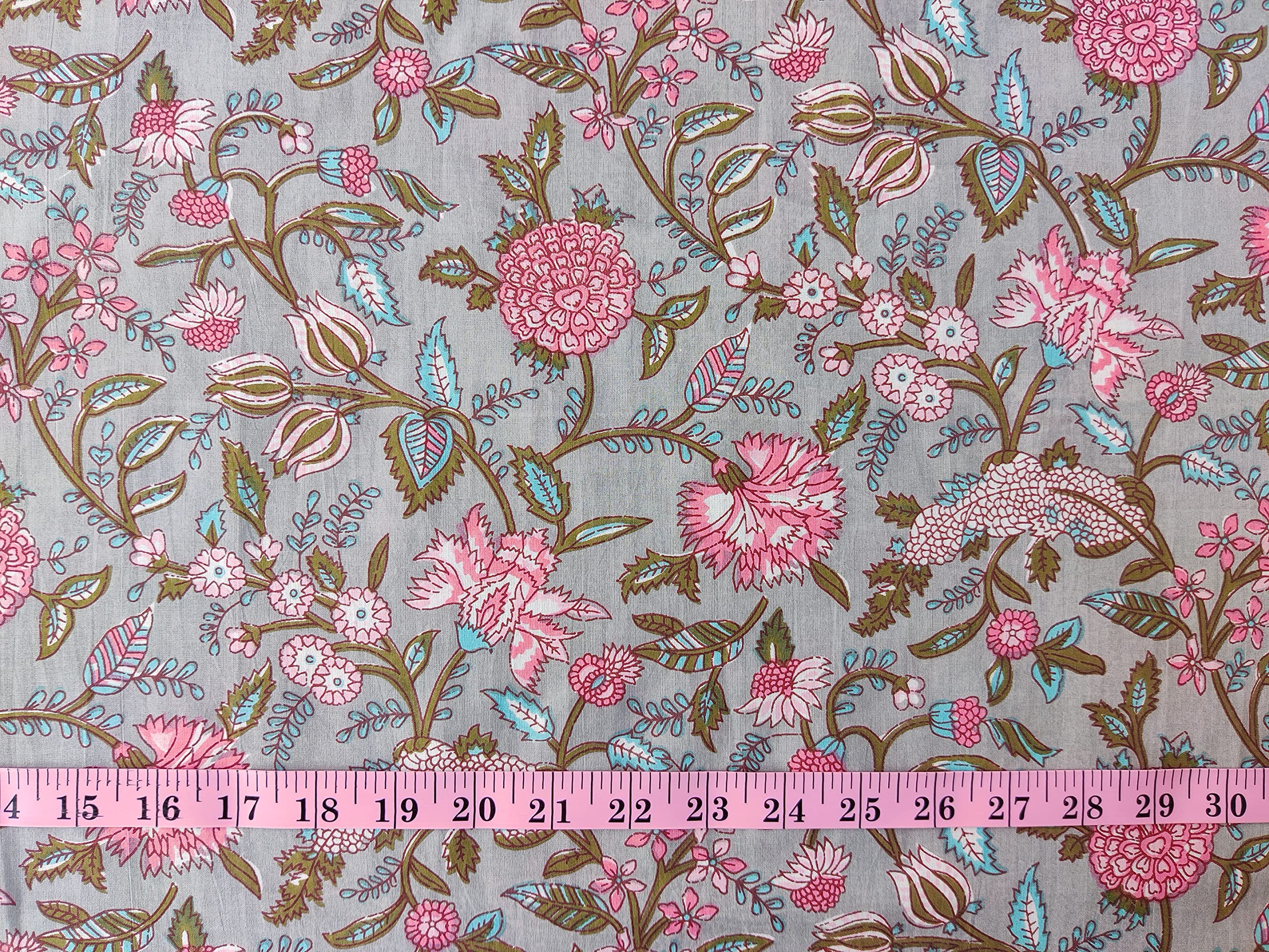 Craftbot Hand Block Print Fabric by The Yard - PRECUT 3 Yards 42 inch Width 100% Cotton Material Grey Floral Pattern Light Weight Indian Cloth for Making Kurti Summer Dress Salwar Kameez, and Pink