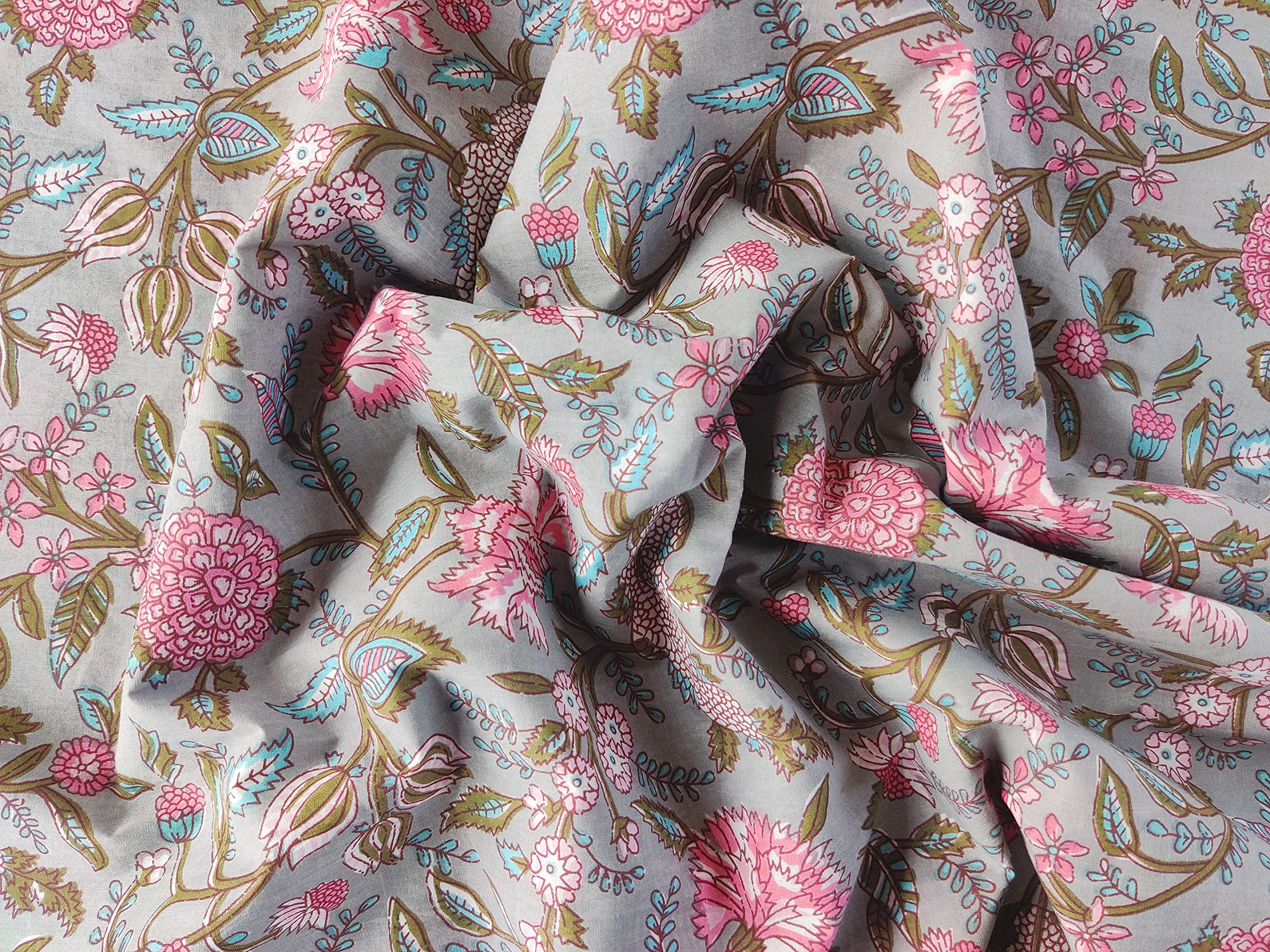 Craftbot Hand Block Print Fabric by The Yard - PRECUT 3 Yards 42 inch Width 100% Cotton Material Grey Floral Pattern Light Weight Indian Cloth for Making Kurti Summer Dress Salwar Kameez, and Pink