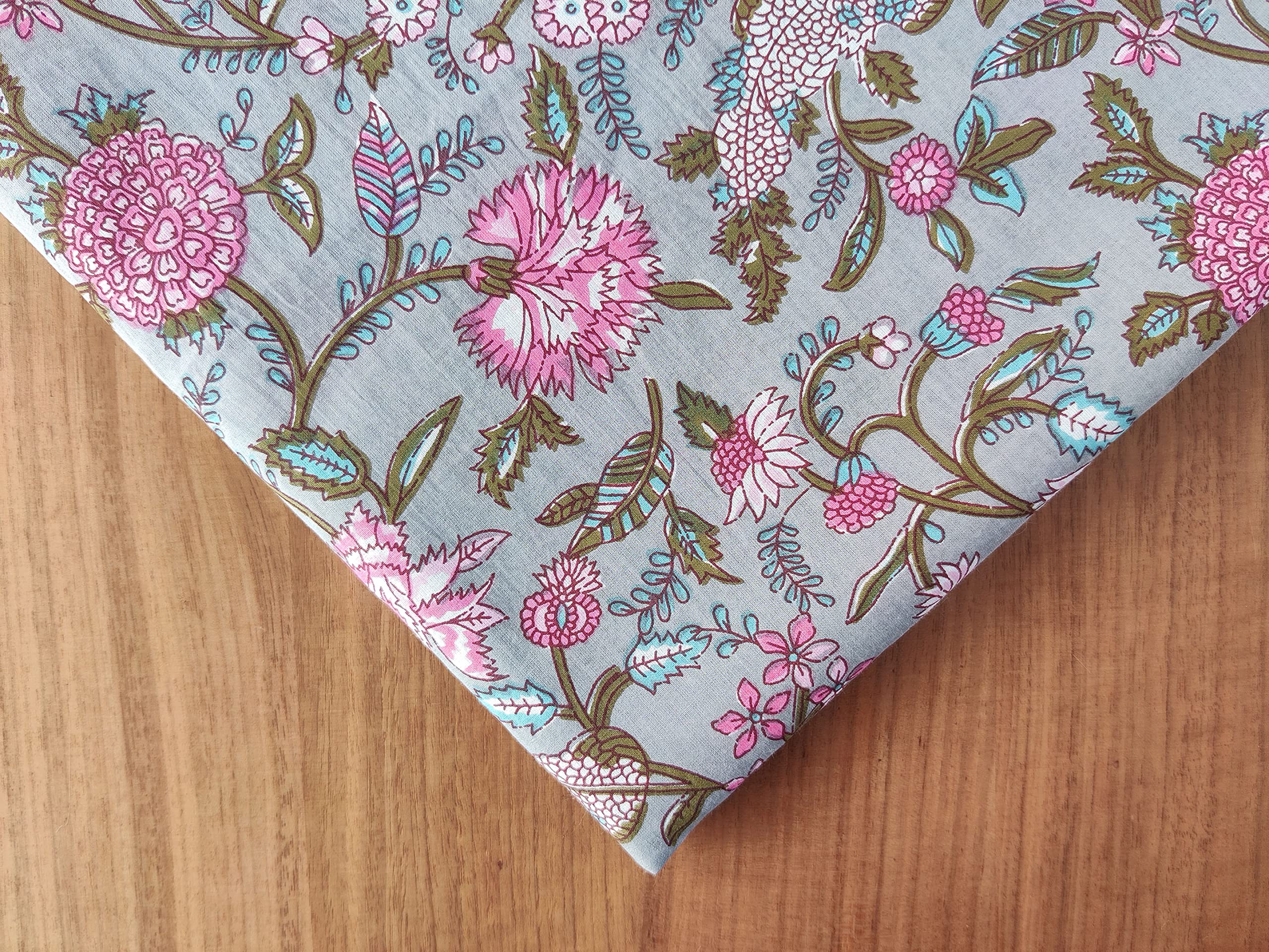 Craftbot Hand Block Print Fabric by The Yard - PRECUT 3 Yards 42 inch Width 100% Cotton Material Grey Floral Pattern Light Weight Indian Cloth for Making Kurti Summer Dress Salwar Kameez, and Pink