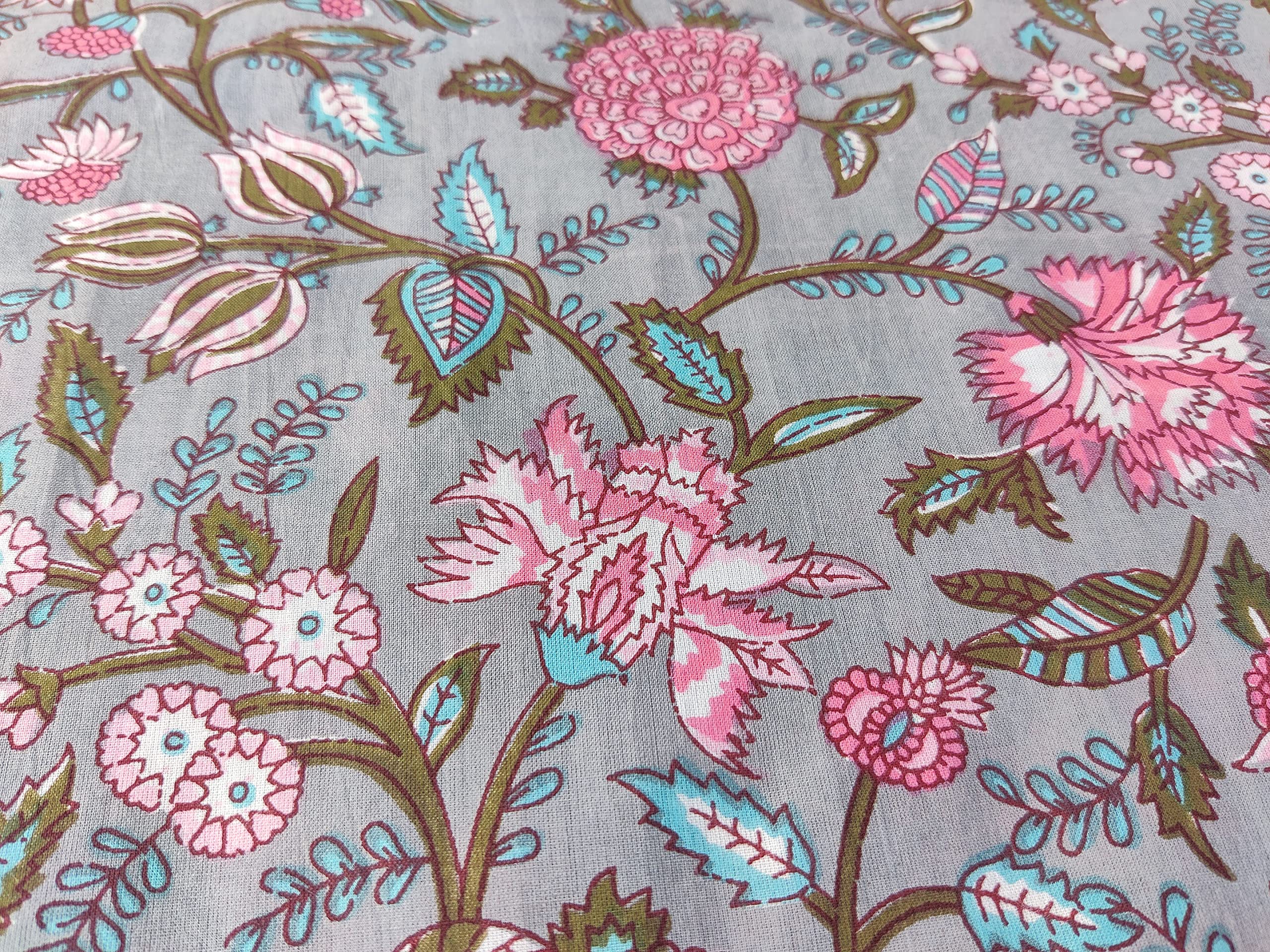 Craftbot Hand Block Print Fabric by The Yard - PRECUT 3 Yards 42 inch Width 100% Cotton Material Grey Floral Pattern Light Weight Indian Cloth for Making Kurti Summer Dress Salwar Kameez, and Pink