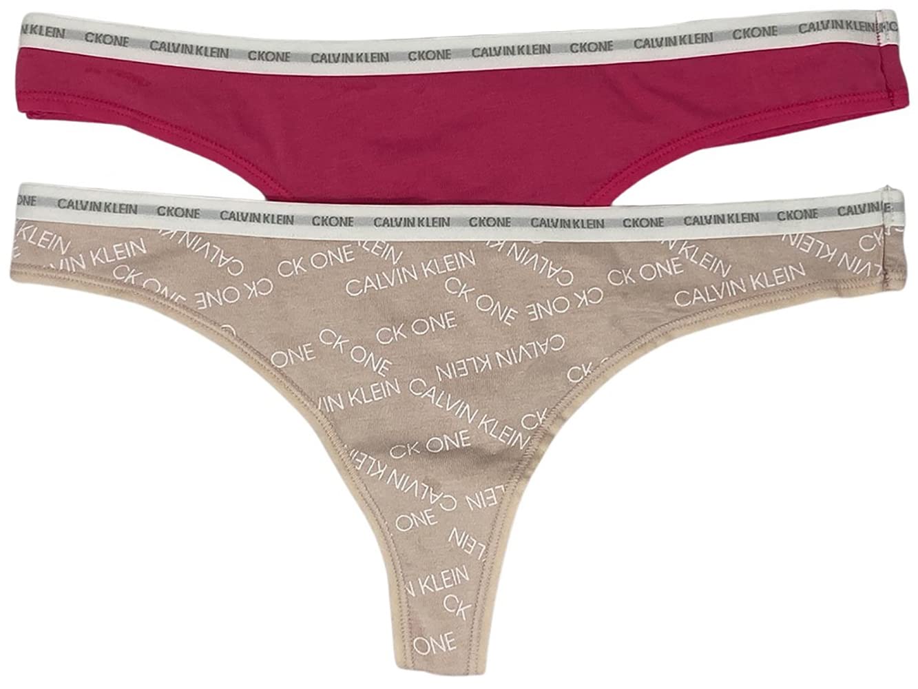 Calvin Klein One Cotton 2-Pack Thong Raspberry Sorbet/Caution Logo/Beechwood LG (Women's 12-14)