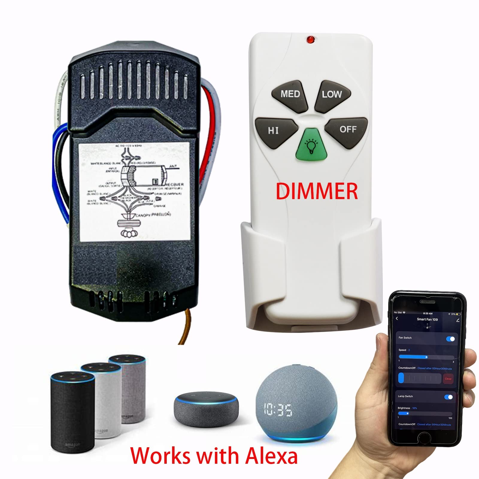 Universal Smart WiFi Ceiling Fan Remote Control Kit, Compatible with Alexa, Google Assistant and Smart Life App, No Hub Required 53T KIT WiFi DIMMER