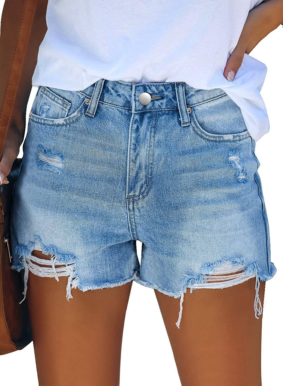 MINGALONDON Women's Casual Mid Waist Denim Cutoff Frayed Hem Stretchy Jean Shorts Light Blue S