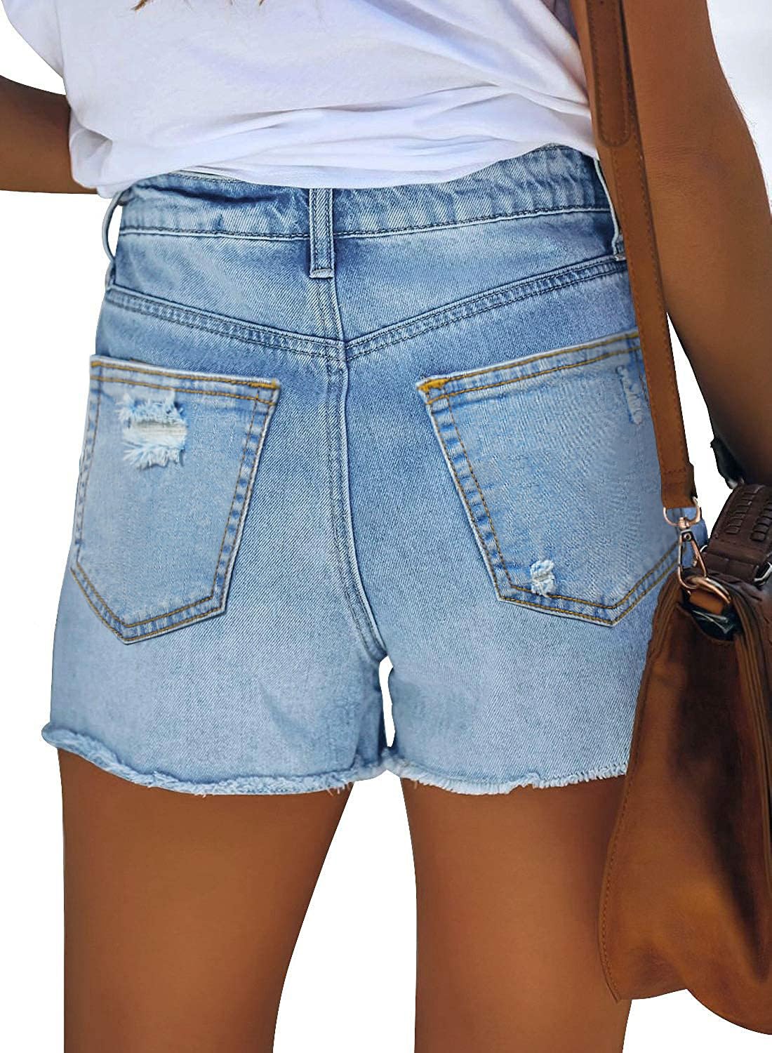 MINGALONDON Women's Casual Mid Waist Denim Cutoff Frayed Hem Stretchy Jean Shorts Light Blue S