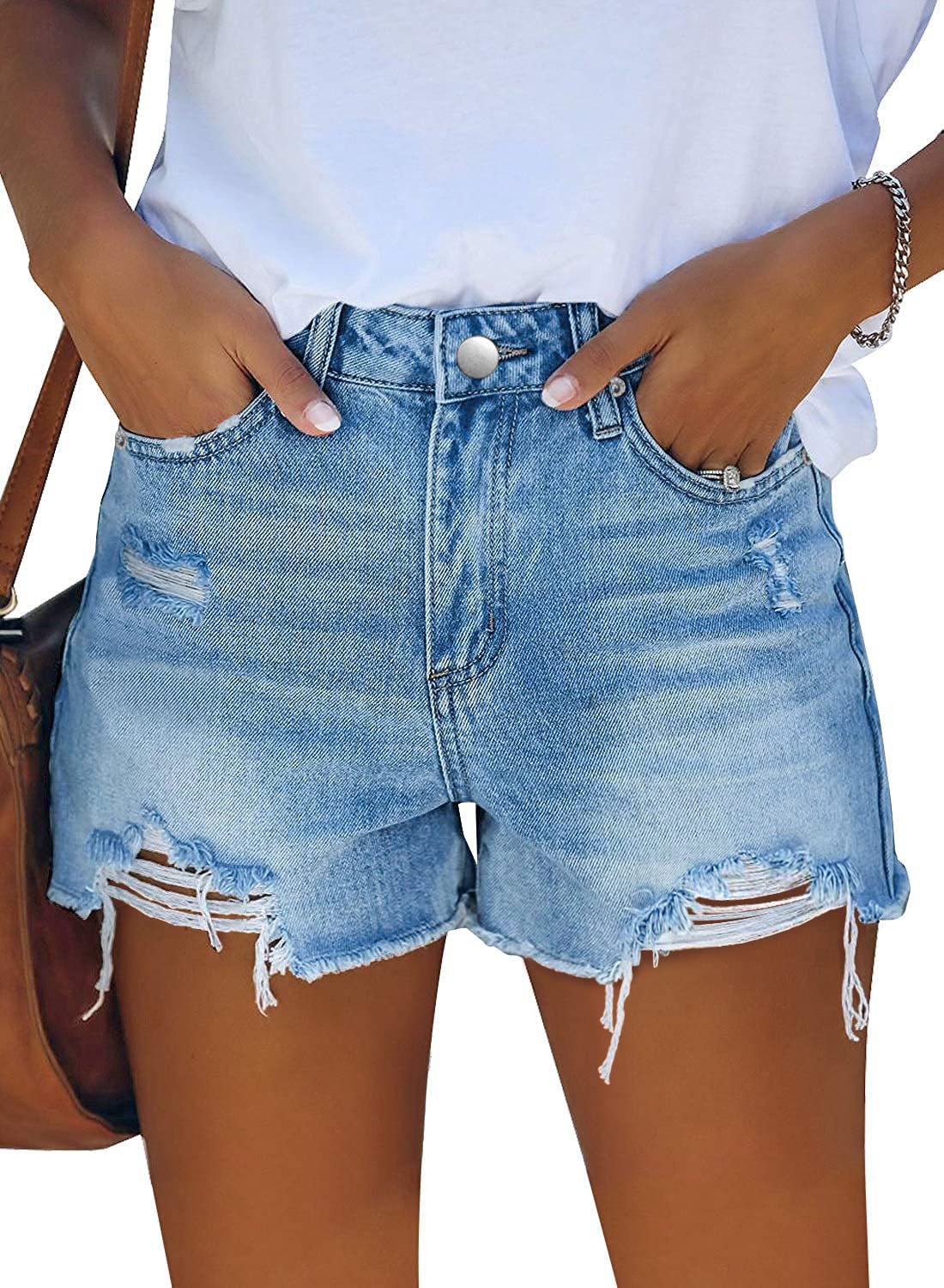 MINGALONDON Women's Casual Mid Waist Denim Cutoff Frayed Hem Stretchy Jean Shorts Light Blue S
