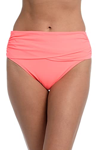 La Blanca Women's Island Goddess Banded Mid Waist Pant Bikini Swimsuit Bottom, Hot Coral, 10