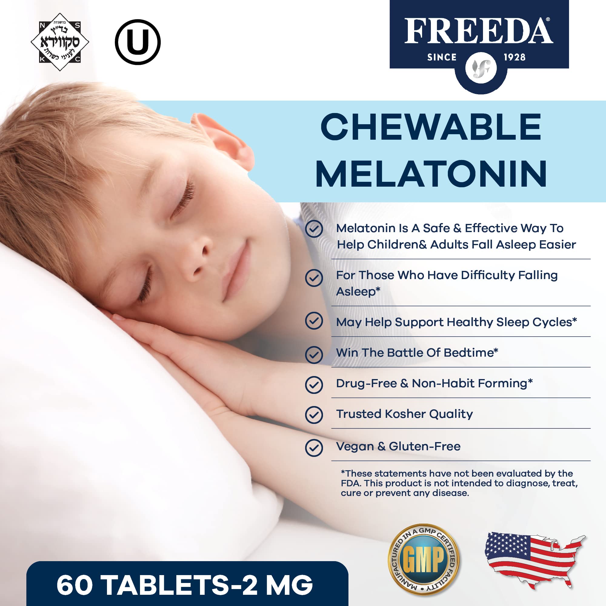 FREEDA Melatonin 2mg Sugar-Free Chewables – Natural Sleep Aid for Adults & Kids – Vegan, Kosher, Gluten-Free, Non-GMO, Easy Bedtime Support – 60 Tablets