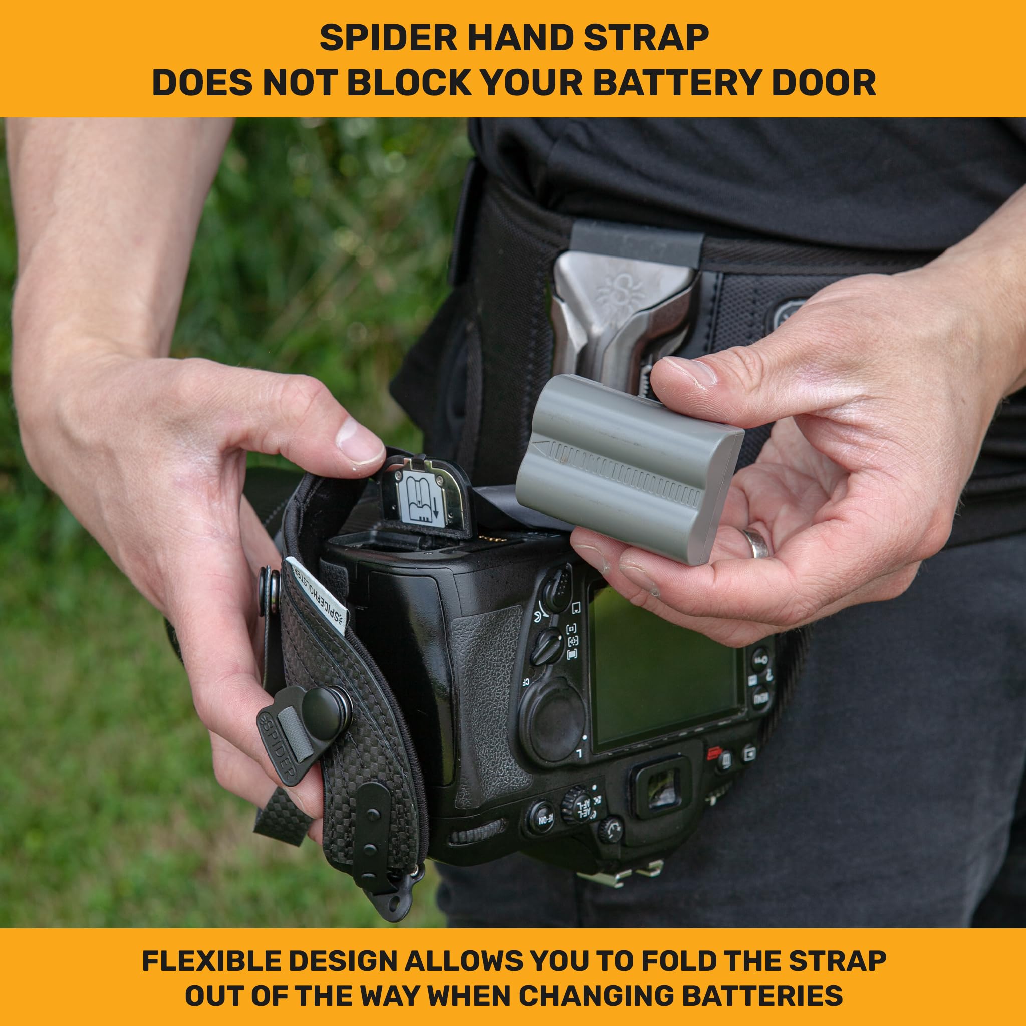 SPIDER HOLSTER - SpiderPro Camera Hand Strap v2 with Snap Assembly and Optional Wrist Strap β DSLR and Mirrorless Compatible (Graphite) - Vegan Leather + Memory Foam