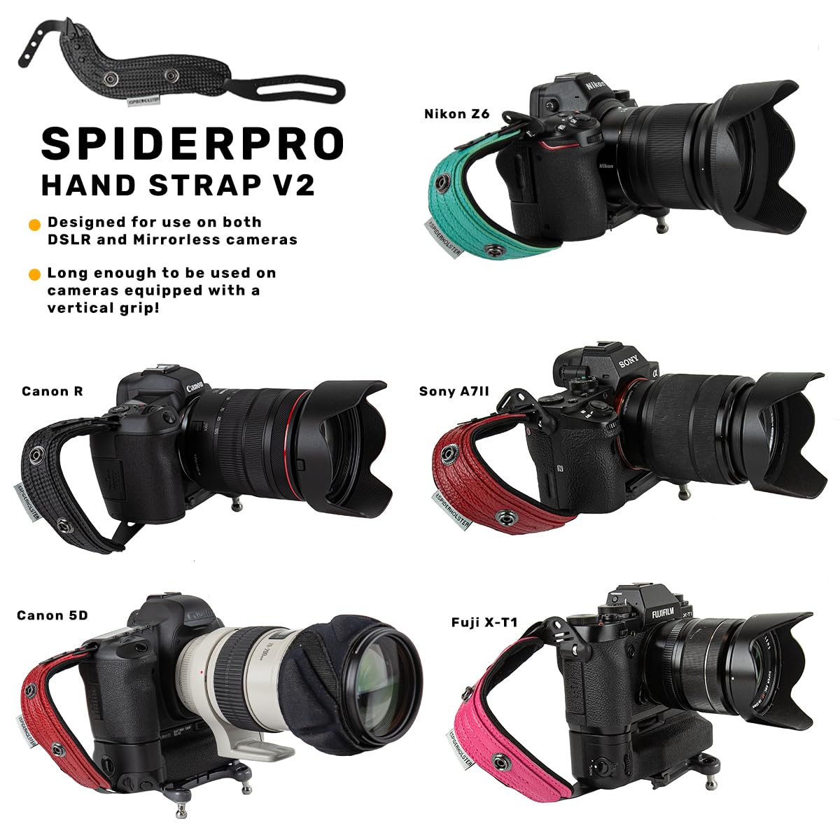 SPIDER HOLSTER - SpiderPro Camera Hand Strap v2 with Snap Assembly and Optional Wrist Strap β DSLR and Mirrorless Compatible (Graphite) - Vegan Leather + Memory Foam