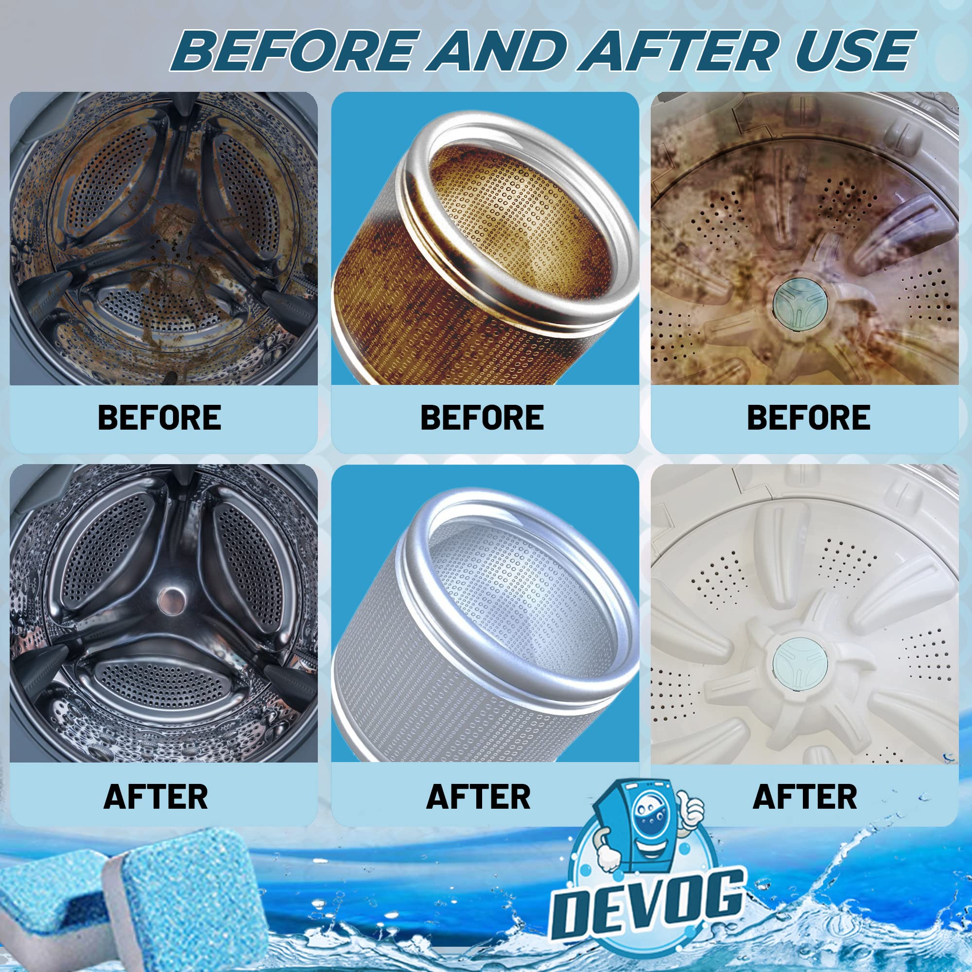 DEVOG Washing Machine Cleaner Tablets, 24 pcs Washer Machine Cleaner with Deep Cleaning Formula, 1 Year Supply, Washer Cleaner for Front Loader, Top Loader and HE