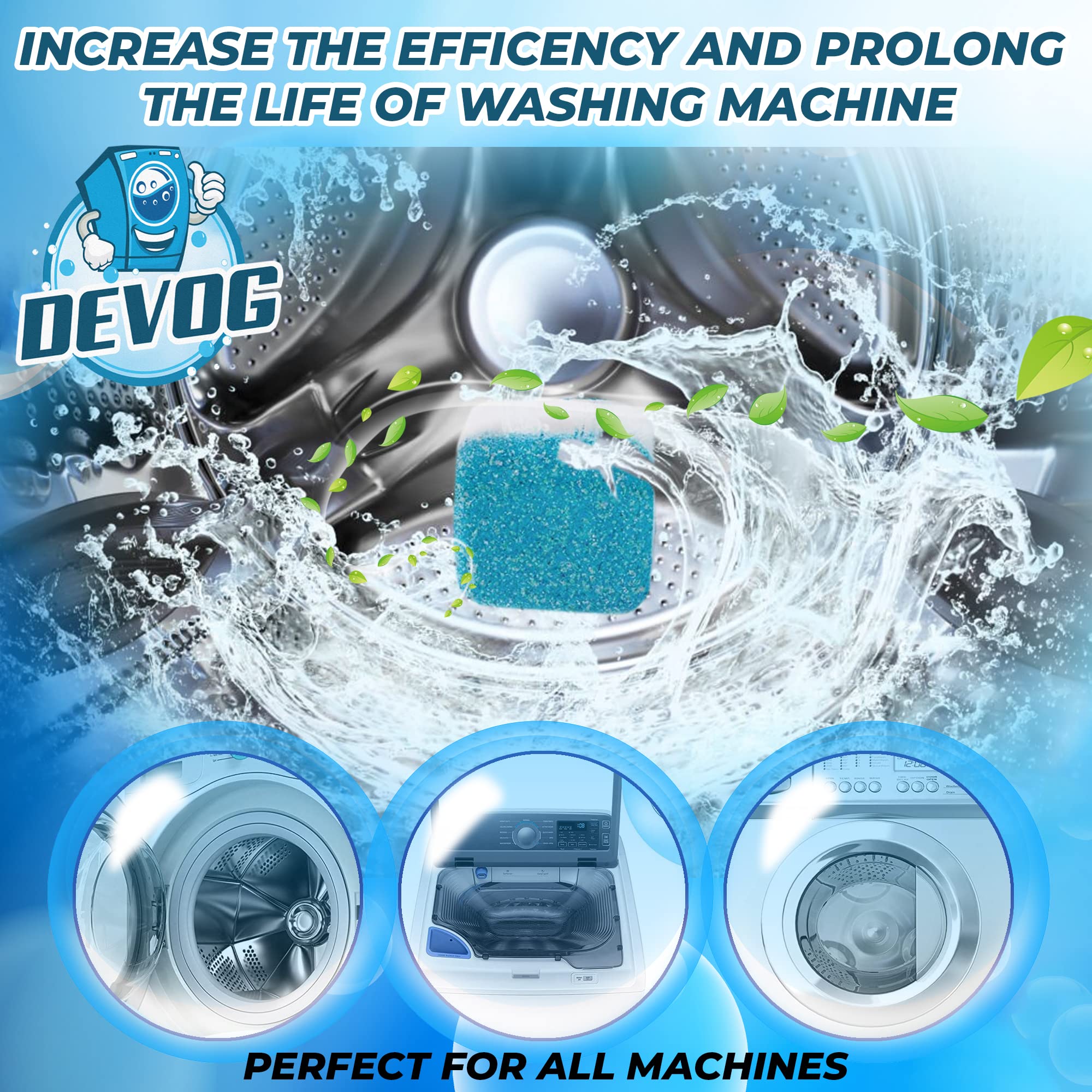 DEVOG Washing Machine Cleaner Tablets, 24 pcs Washer Machine Cleaner with Deep Cleaning Formula, 1 Year Supply, Washer Cleaner for Front Loader, Top Loader and HE