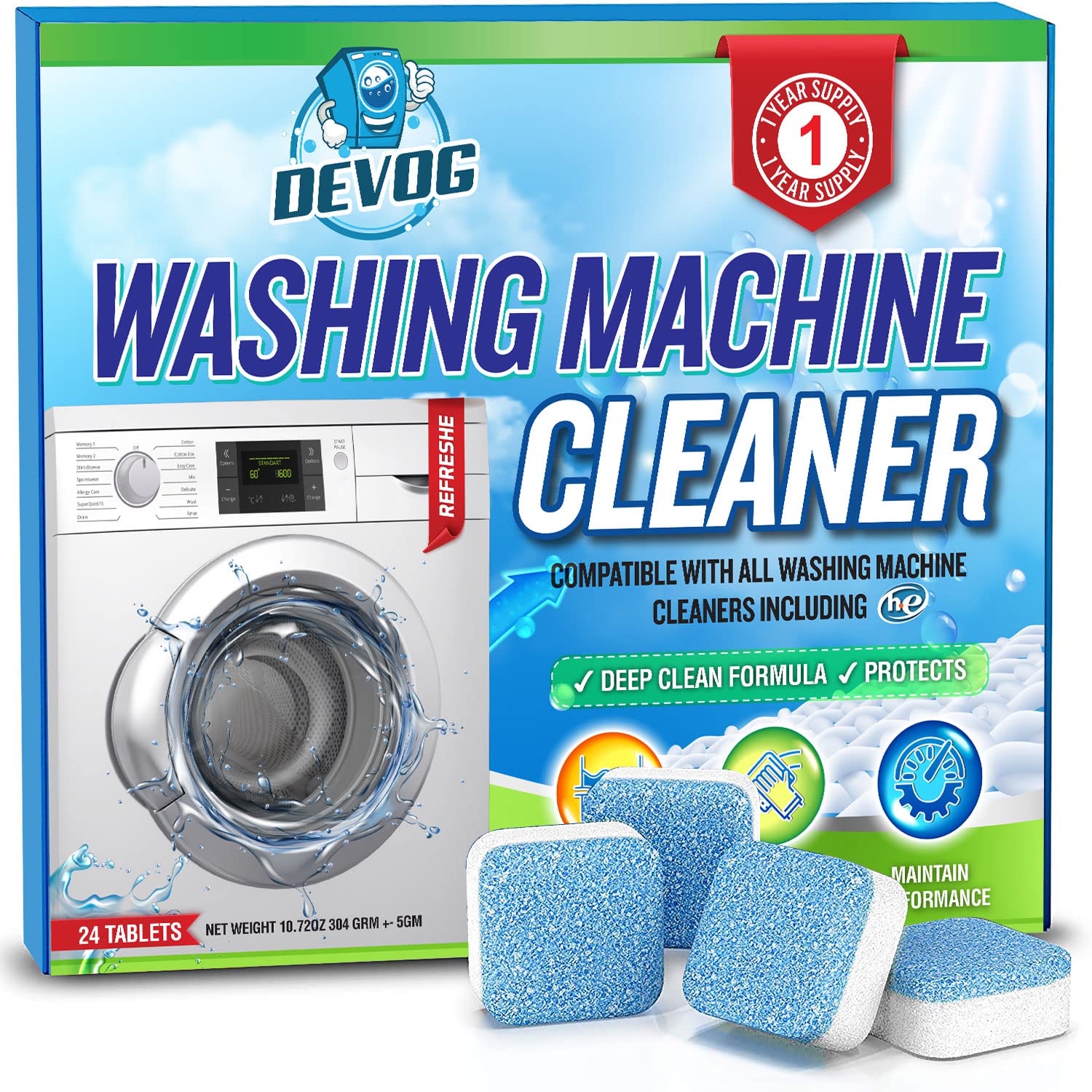 DEVOG Washing Machine Cleaner Tablets, 24 pcs Washer Machine Cleaner with Deep Cleaning Formula, 1 Year Supply, Washer Cleaner for Front Loader, Top Loader and HE