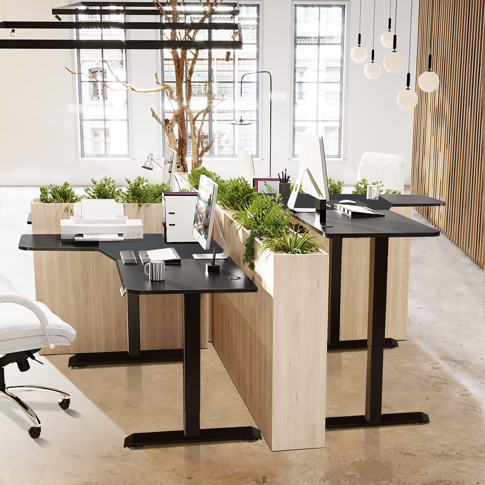 Tangkula L Shaped Electric Standing Desk, 59.5 Inch Corner Stand Up Desk w/ 4 Memory Positions & LCD Display, Height Adjustable Rolling Office Sit Stand Desk w/Lockable Casters & Anti-collision Design