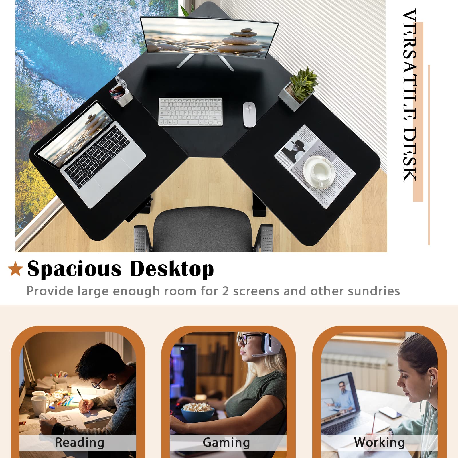 Tangkula L Shaped Electric Standing Desk, 59.5 Inch Corner Stand Up Desk w/ 4 Memory Positions & LCD Display, Height Adjustable Rolling Office Sit Stand Desk w/Lockable Casters & Anti-collision Design
