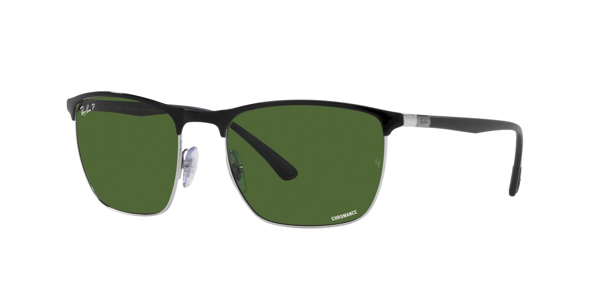 Ray-Ban RB3686 Square Sunglasses, Black On Silver/Polarized Dark Green, 57 mm