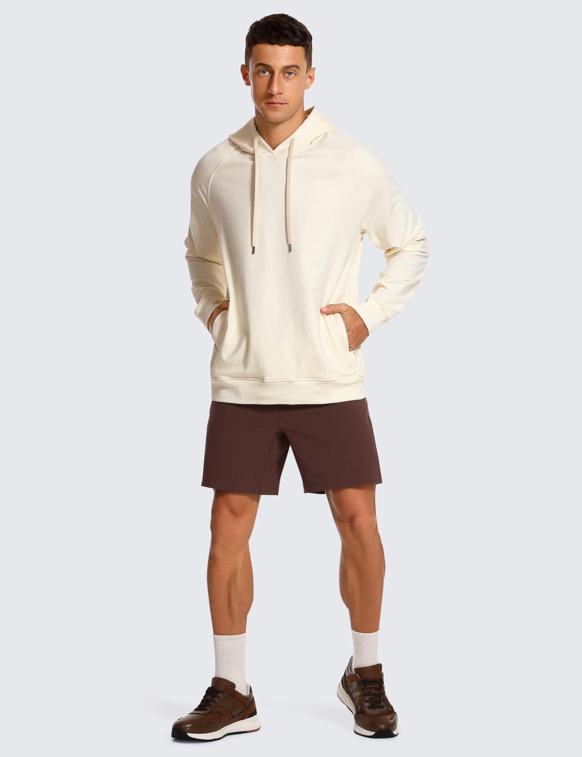 CRZ YOGA Hoodies for Men French Terry Hooded Sweatshirts Workout Athletic Casual Pullover Tops with Pocket White Apricot Medium