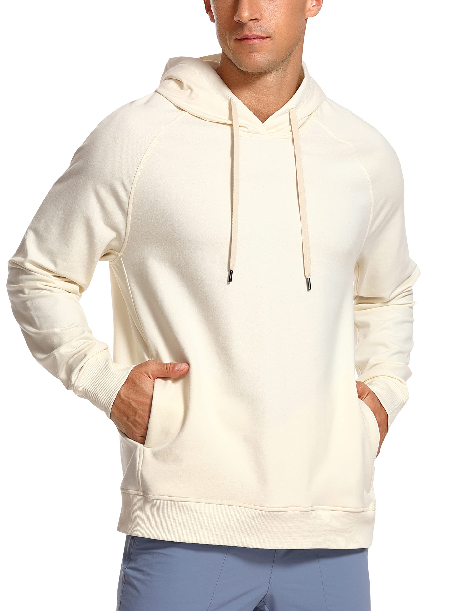 CRZ YOGA Hoodies for Men French Terry Hooded Sweatshirts Workout Athletic Casual Pullover Tops with Pocket White Apricot Medium