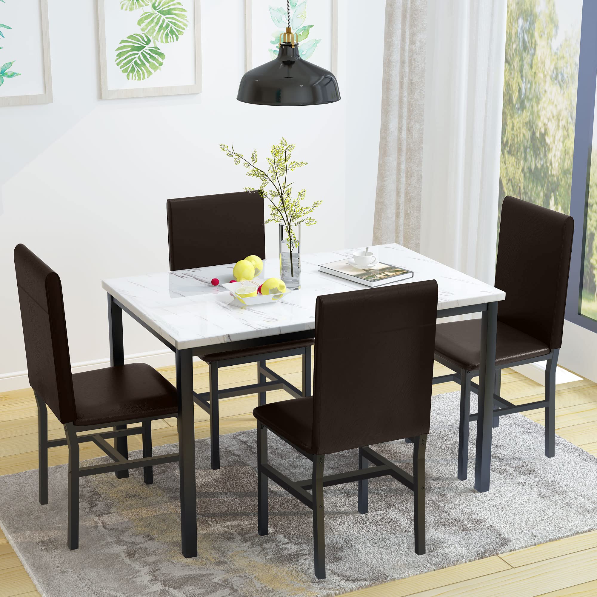 AWQM 5 Pieces Dining Table Set, Kitchen Table Set with Faux Marble Top Table and 4 Faux Leather Upholstered Chairs for Kitchen, Breakfast Nook, Dining Room, Black