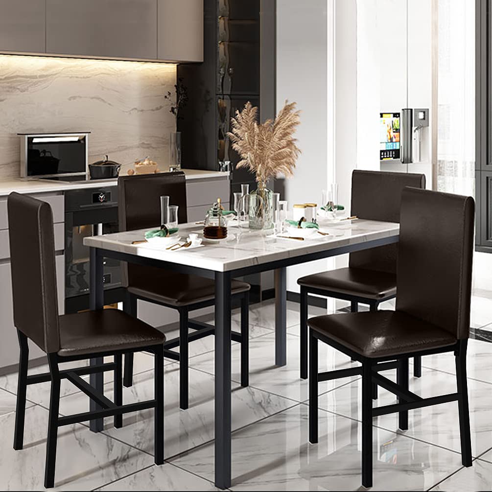 AWQM 5 Pieces Dining Table Set, Kitchen Table Set with Faux Marble Top Table and 4 Faux Leather Upholstered Chairs for Kitchen, Breakfast Nook, Dining Room, Black