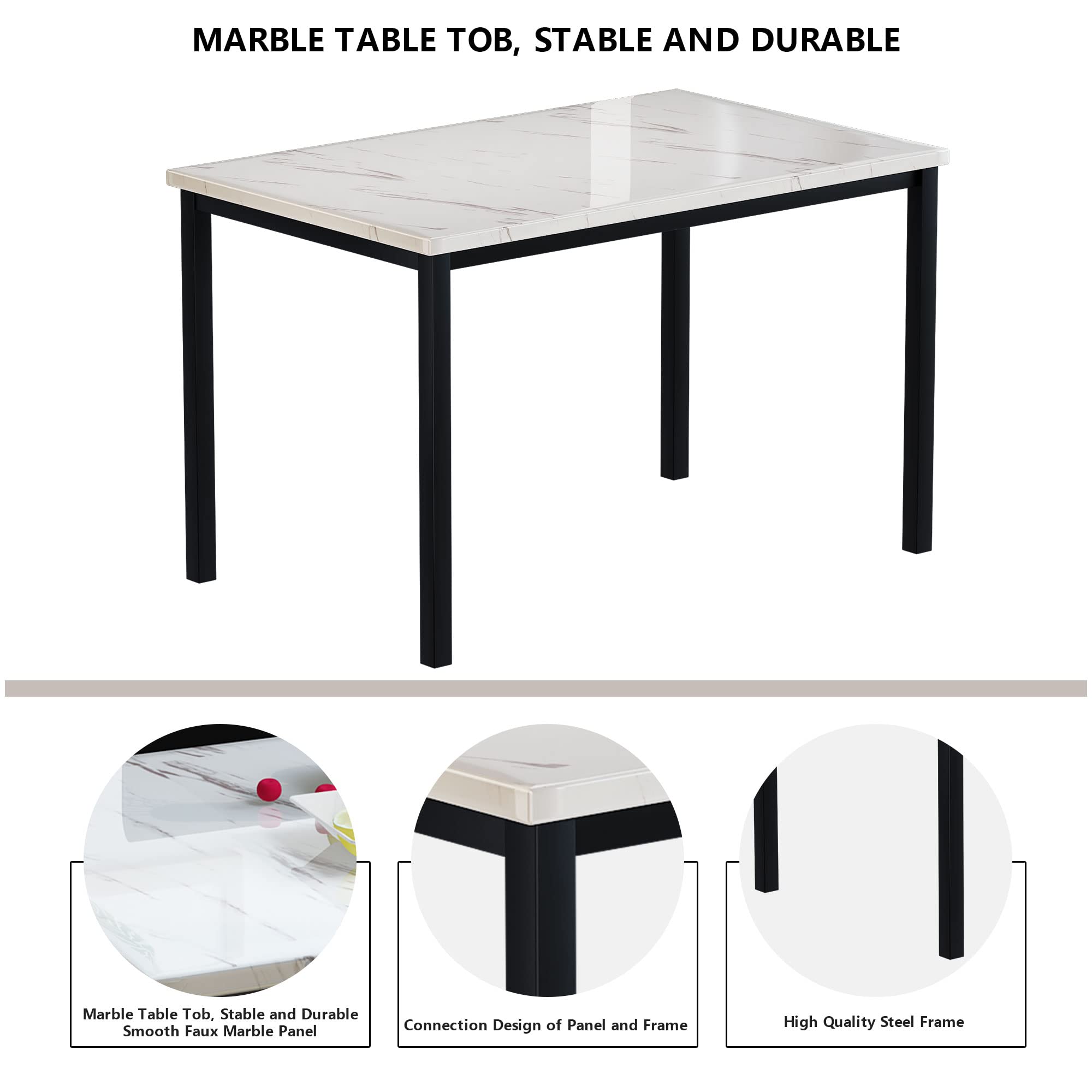 AWQM 5 Pieces Dining Table Set, Kitchen Table Set with Faux Marble Top Table and 4 Faux Leather Upholstered Chairs for Kitchen, Breakfast Nook, Dining Room, Black