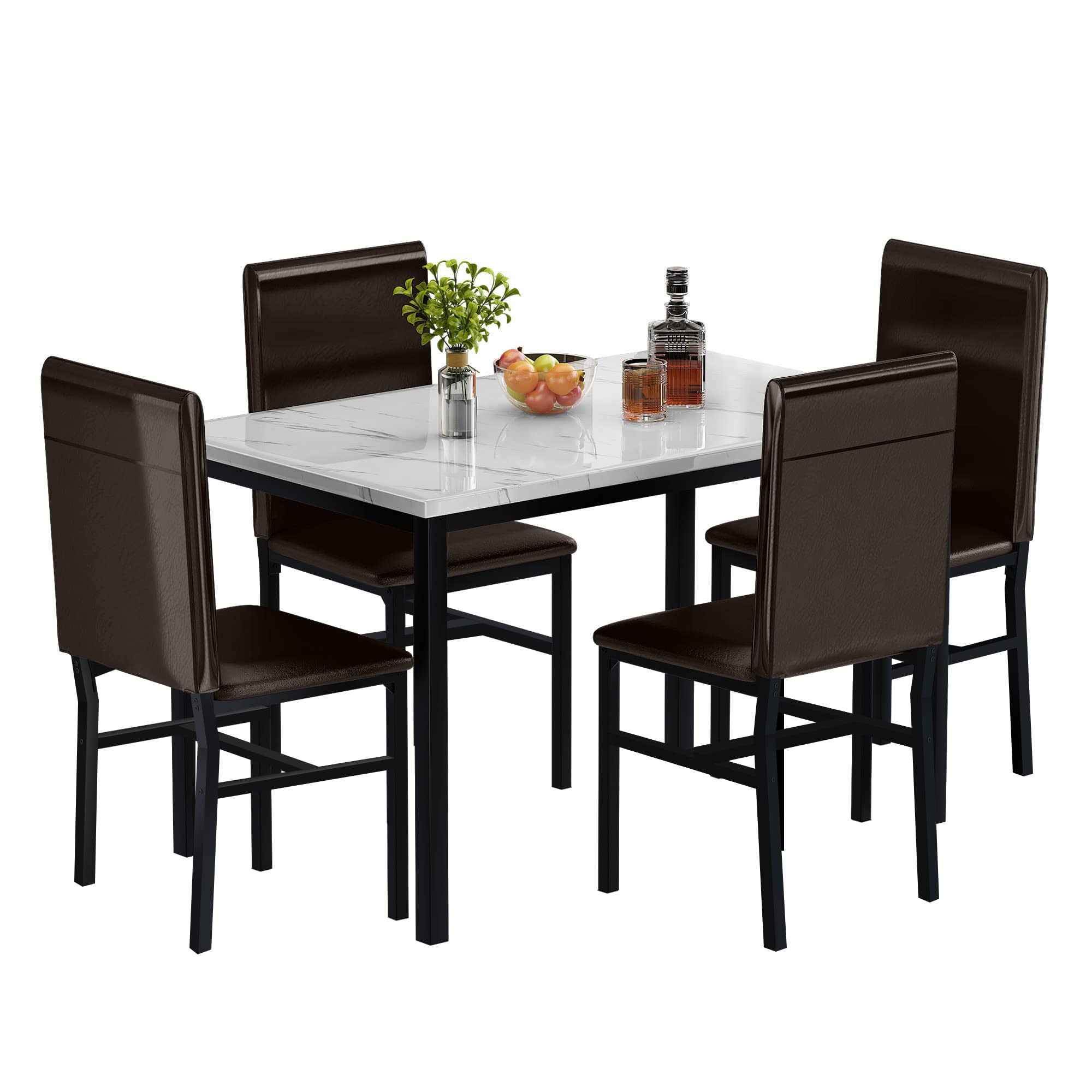 AWQM 5 Pieces Dining Table Set, Kitchen Table Set with Faux Marble Top Table and 4 Faux Leather Upholstered Chairs for Kitchen, Breakfast Nook, Dining Room, Black